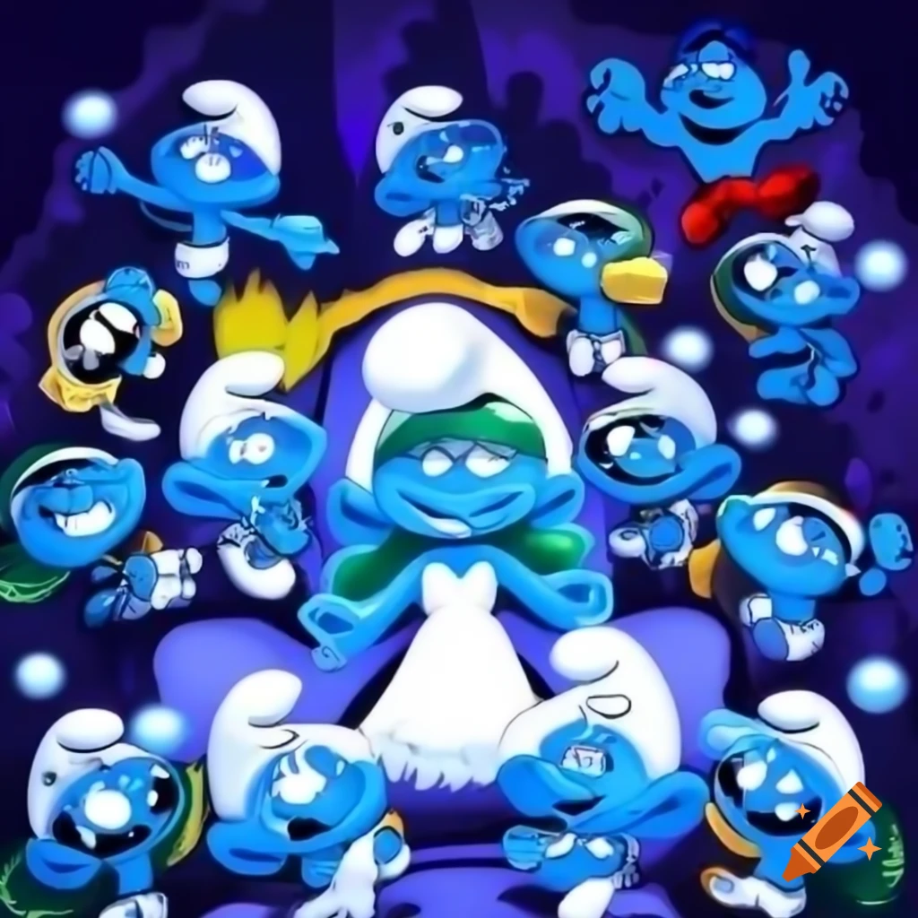 Cartoon vampire queen surrounded by cheerful Smurfs in dream realm on ...