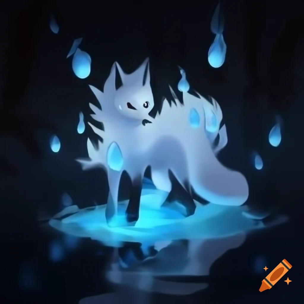 Nine-tailed white fox floating in dark forest with blue flame orbs on ...