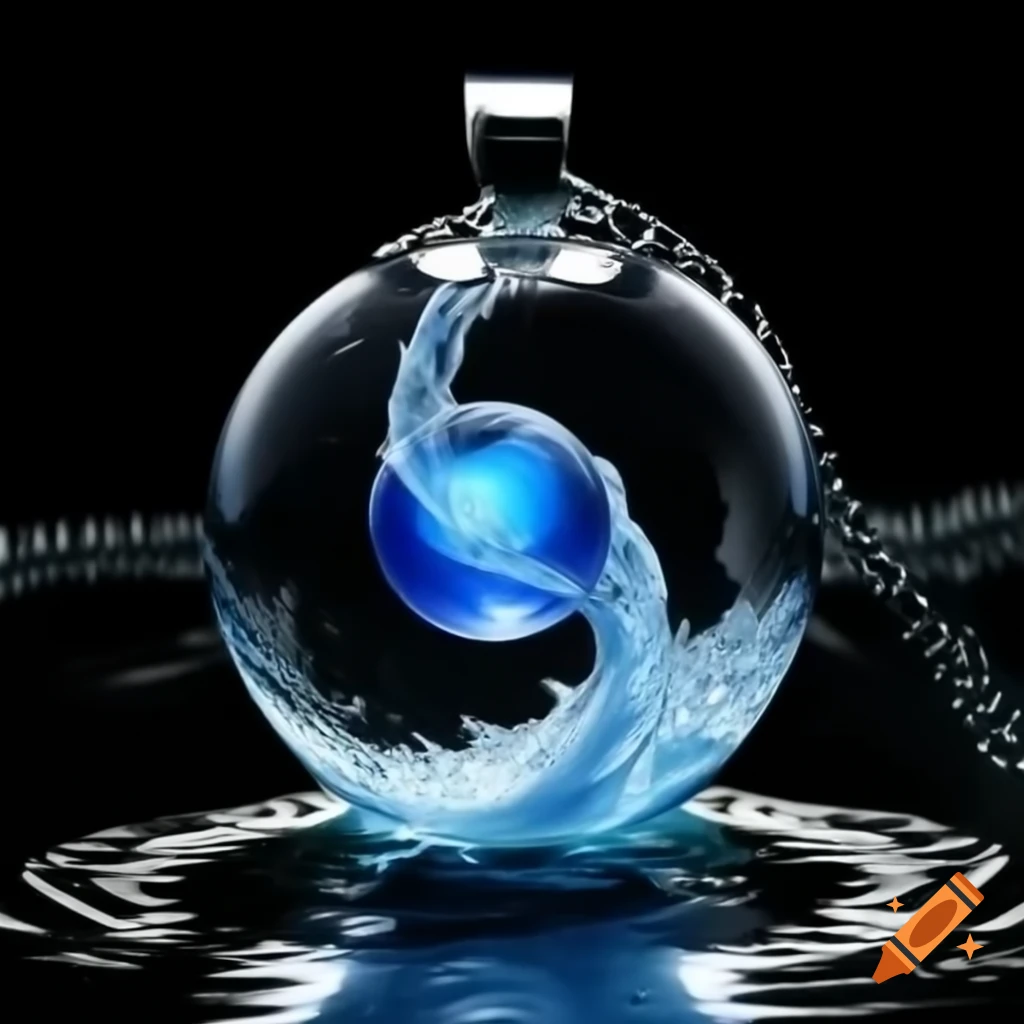 Deep blue water orb necklace pendant with fluid wave-like patterns on Craiyon