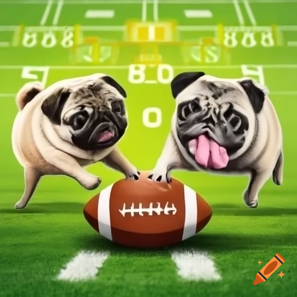 Two pugs playing football with text 'Who Dat Hounds' on Craiyon