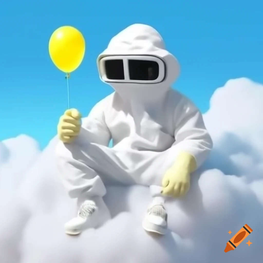 Rapper in hazmat suit sitting in clouds holding yellow balloon and ...