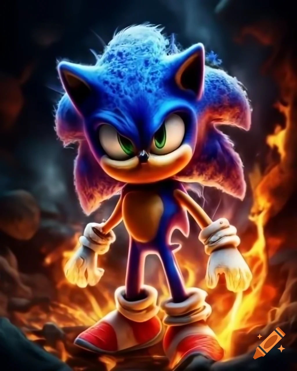Sonic character depicted with flames on Craiyon