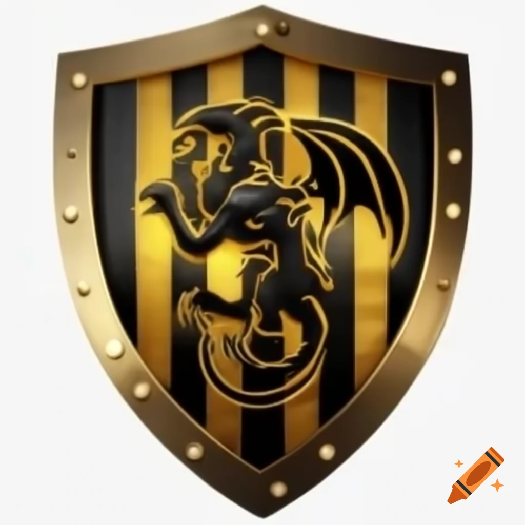 Soccer shield featuring a manticore in black and gold on Craiyon