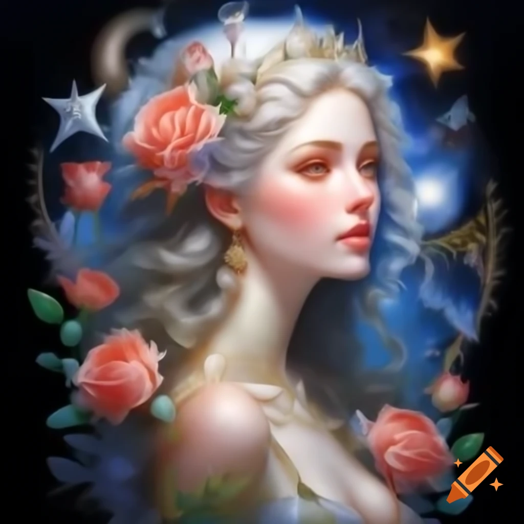 Realistic goddess portrait with flowers and galaxy background on Craiyon