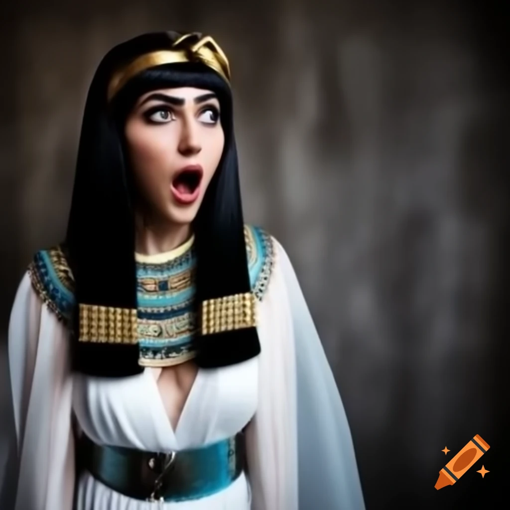 Elegant Cleopatra cosplayer with surprised expression, experiencing off-screen discomfort on Craiyon