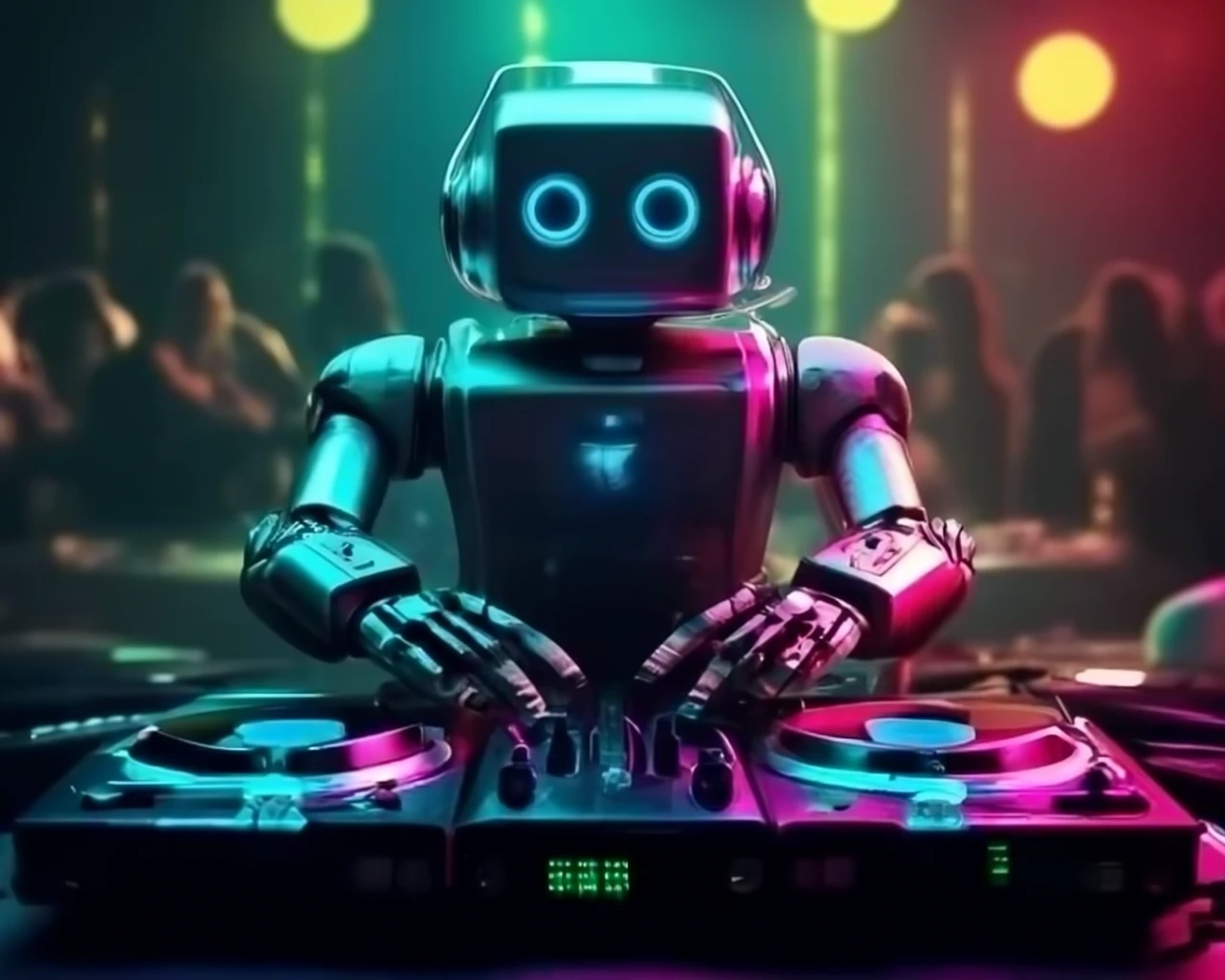 DJ robot with neon lights at party with single color background on Craiyon