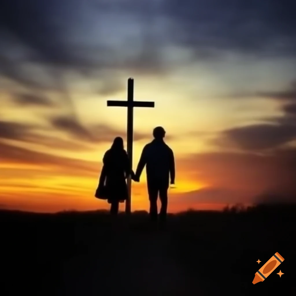 Couple walking hand in hand into sunset with cross above on Craiyon