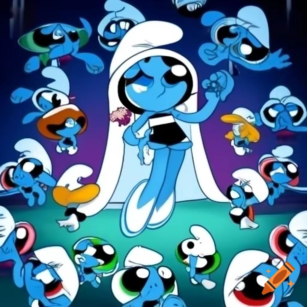 Cartoon vampire queen surrounded by cheerful Smurfs in dream realm on ...