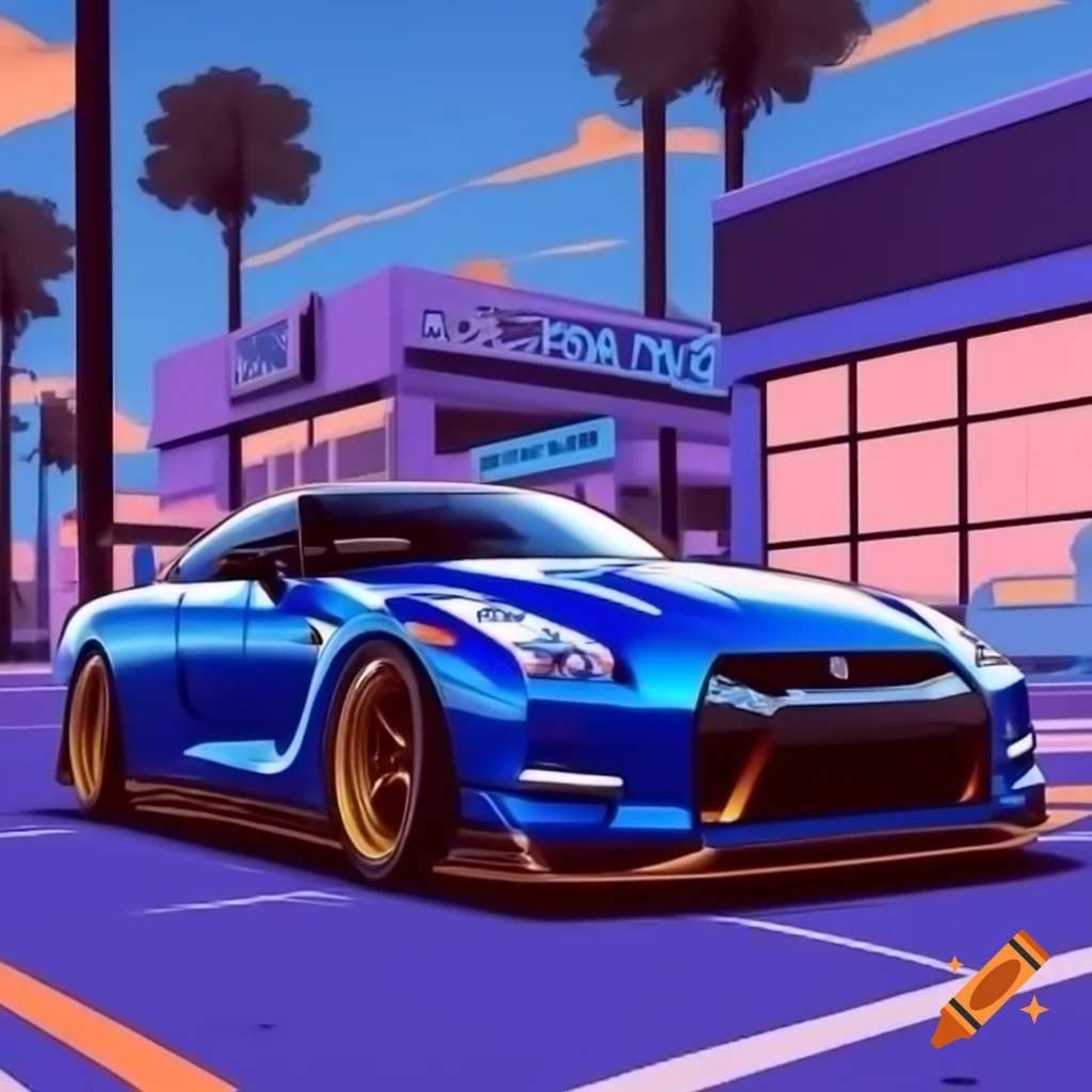 Cartoon illustration of a Nissan GTR on Craiyon