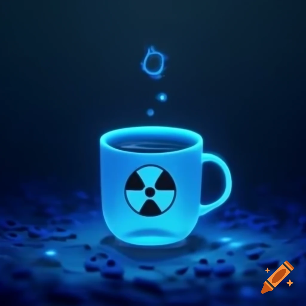 Tea cup with glowing blue radioactive tea and trefoil symbol on Craiyon