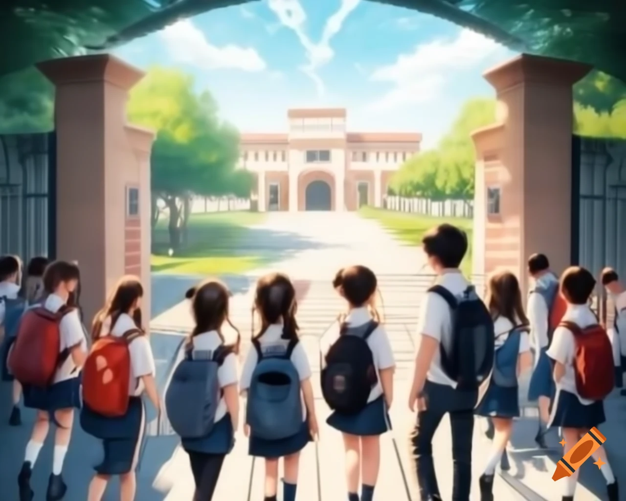 School gate with welcoming archway and eager students on Craiyon
