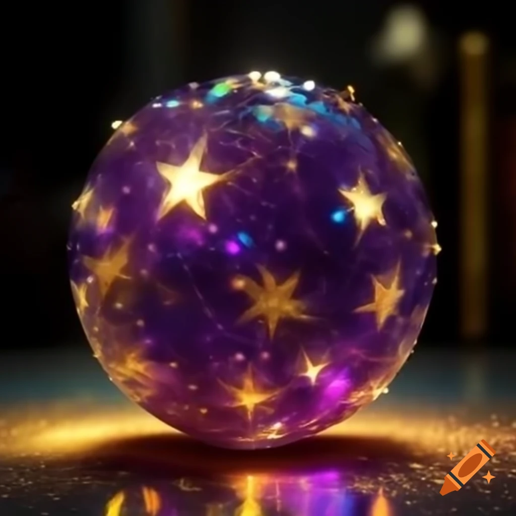 Iridescent deep purple resin orb with golden star glitter on Craiyon