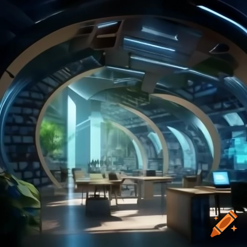 Futuristic library with individual reading pods and holographic displays on Craiyon