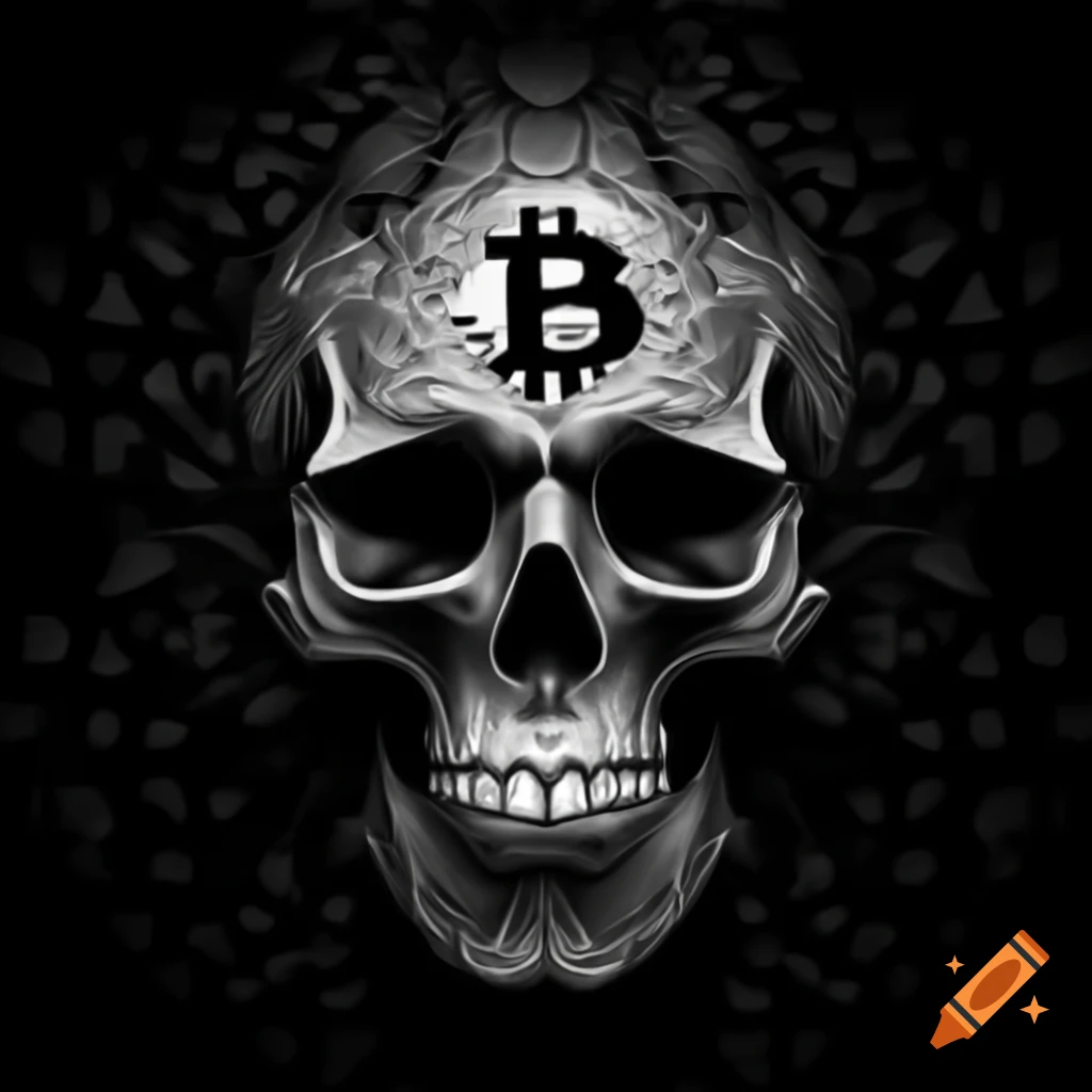 Occult skull featuring bitcoin logo and mandelbrot pattern in ...