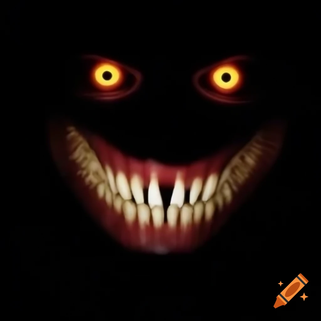 Menacing smiling face with yellowish teeth and glowing red eyes ...