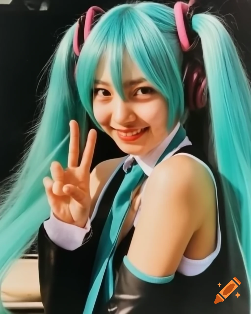 Vintage photo of Miku Hatsune actress making peace sign at Comiket ...