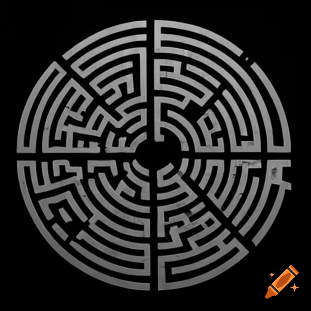 Circular labyrinth made of chains in monochrome style on Craiyon