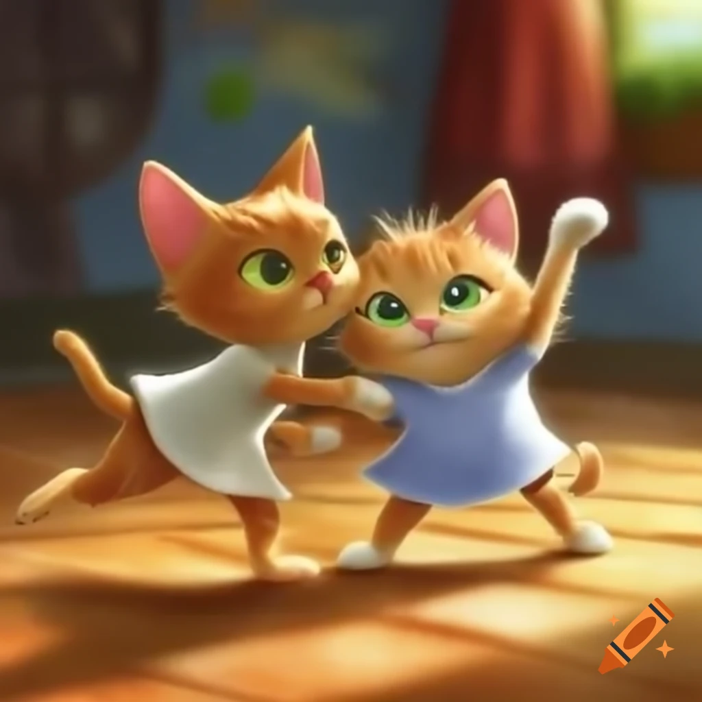 Kittens dancing playfully in a joyful farewell scene on Craiyon