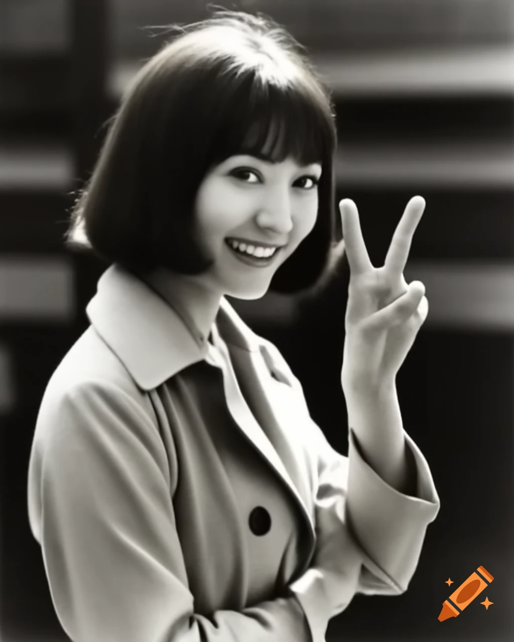 Vintage paparazzi photo of famous Japanese actress making peace sign in ...