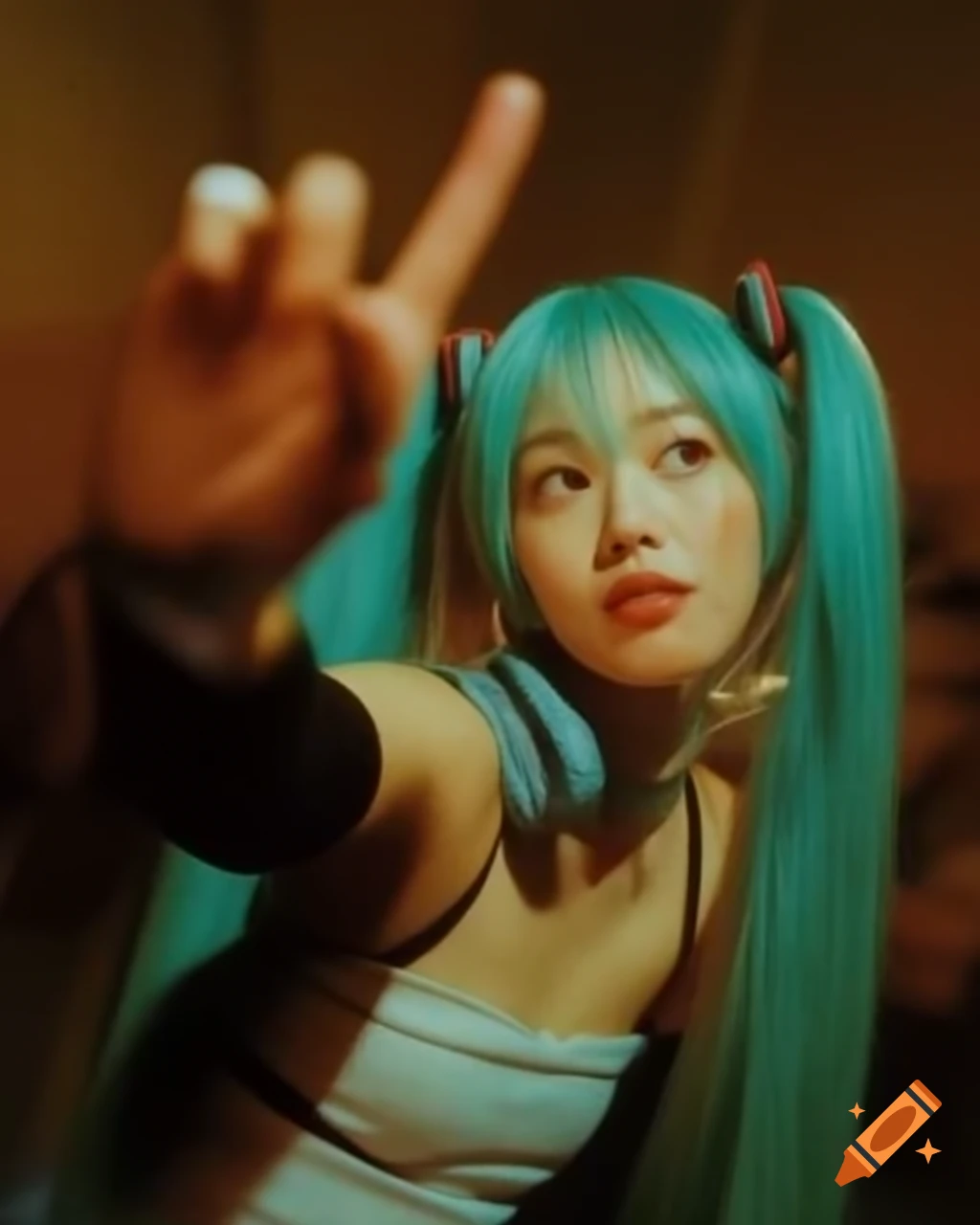 Vintage photo of Miku Hatsune actress making peace sign at Comiket ...