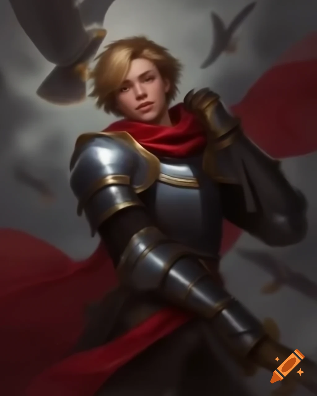 Young male in steel armor with red highlights and red tabard featuring white falcon, holding ...