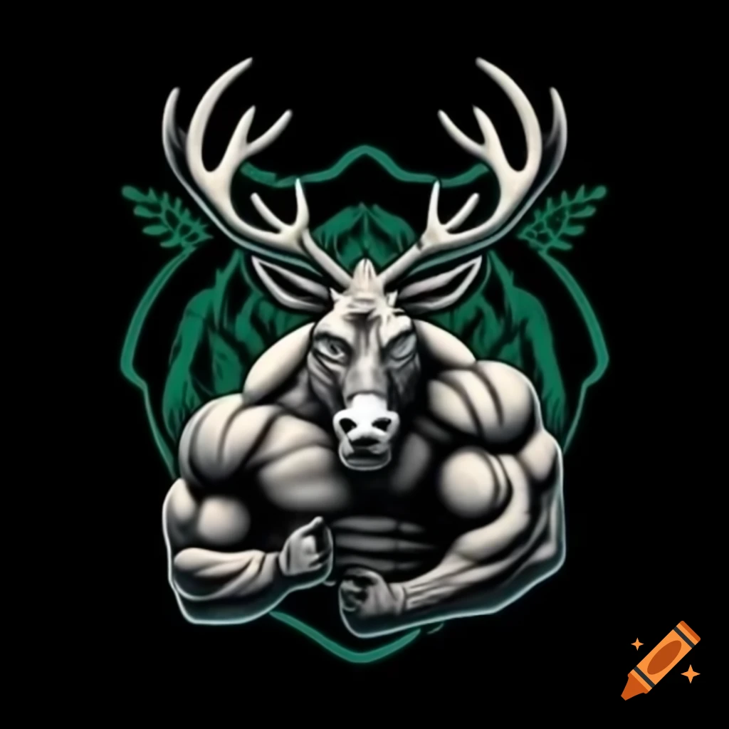 Muscular donkey with deer antlers in wooded logo design on Craiyon