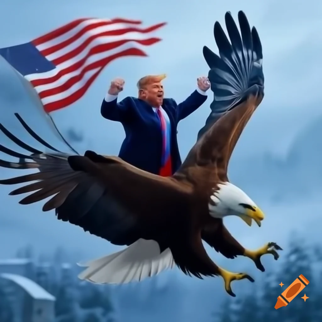 Donald Trump riding an eagle through a snowstorm, waving an American ...