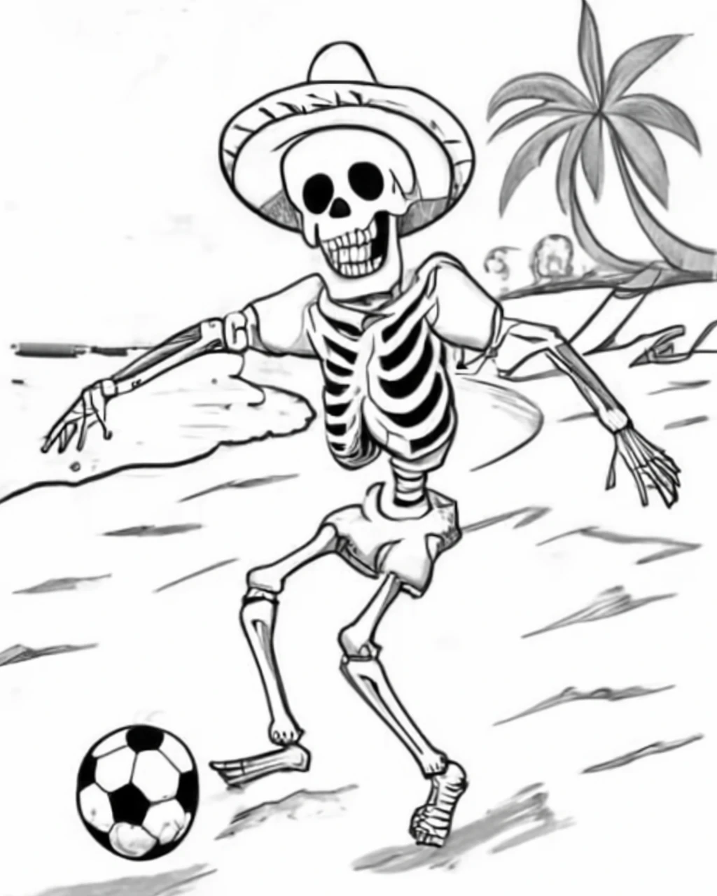 Cartoon skeleton playing soccer on beach with palm trees on Craiyon