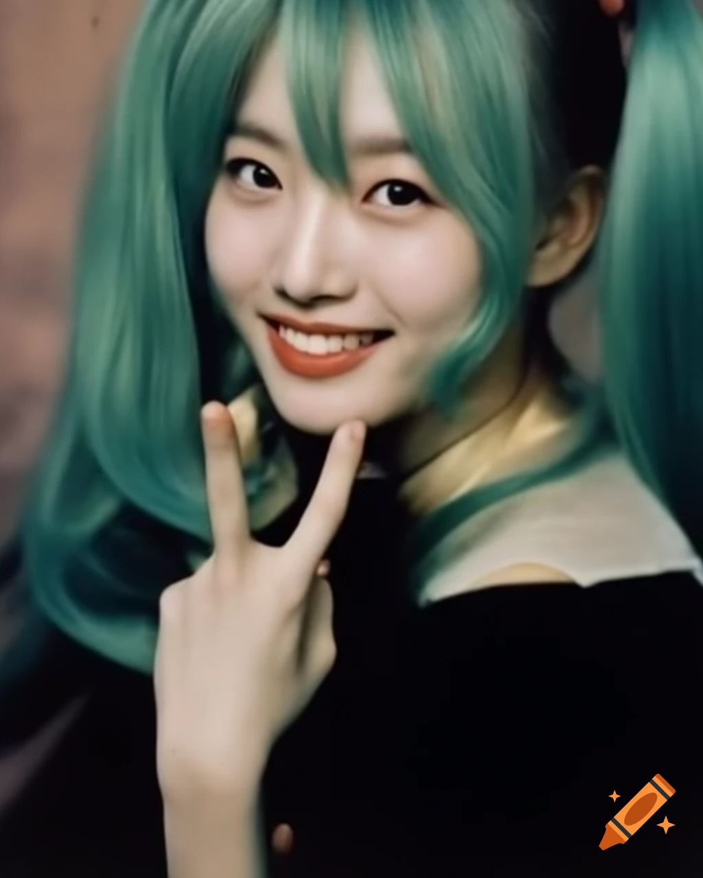 Vintage photo of Miku Hatsune actress making peace sign at Comiket ...