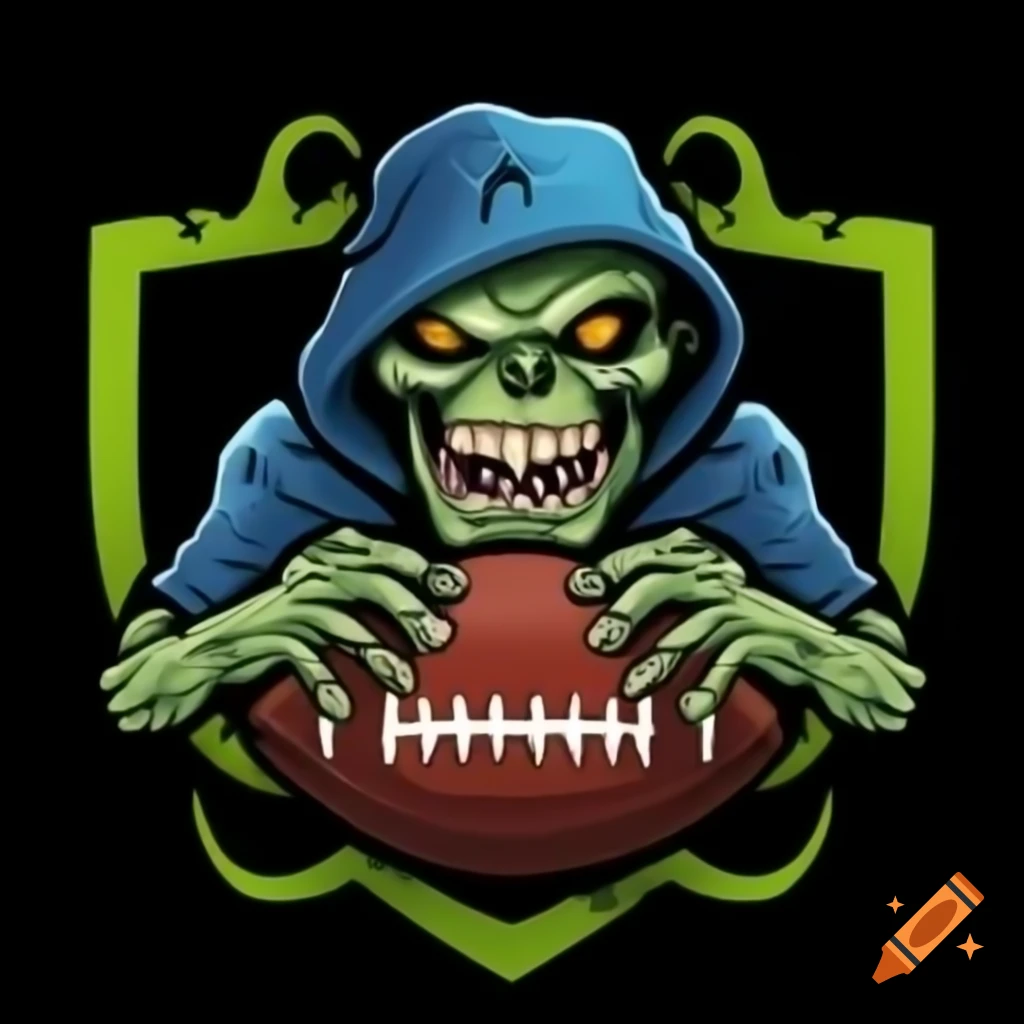 Zombie chewing a football for fantasy football logo, digital art on Craiyon