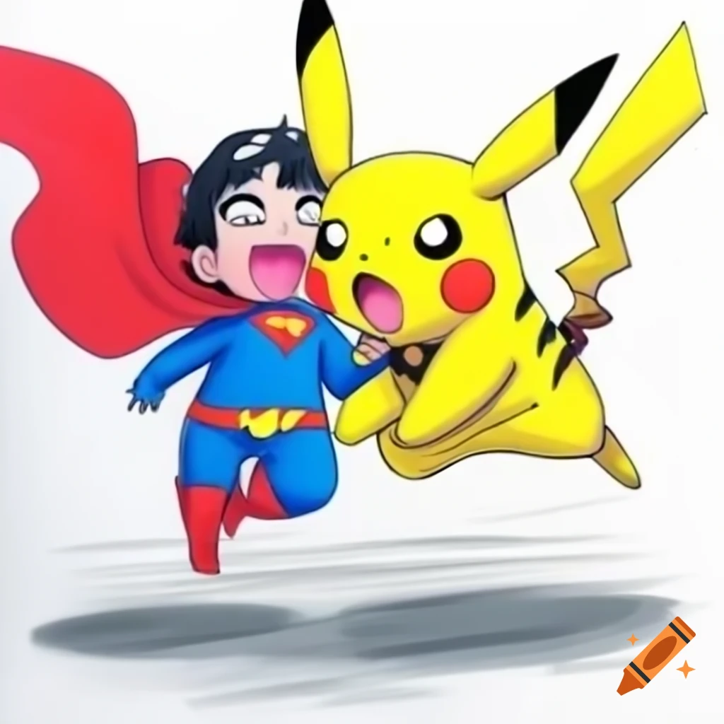 Pikachu and Superman battling in a street scene illustration on Craiyon