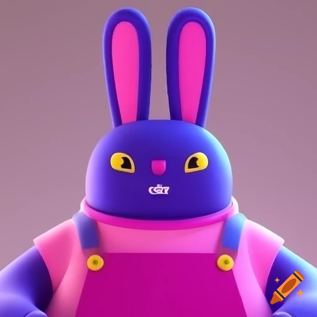 Anthropomorphic purple bunny in pink overalls with yellow buttons and ...
