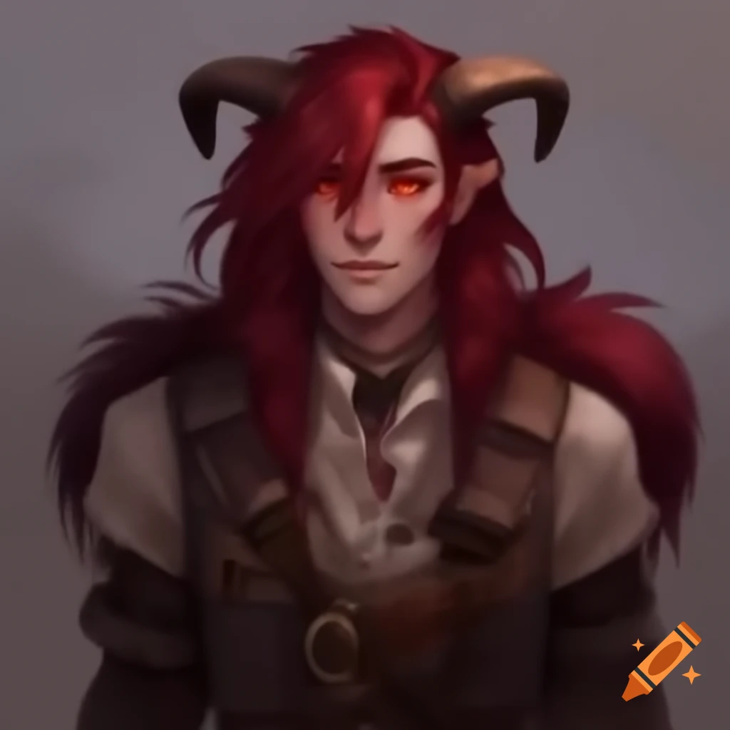 Handsome youth with crimson hair, goat horns, and lion tail in ...