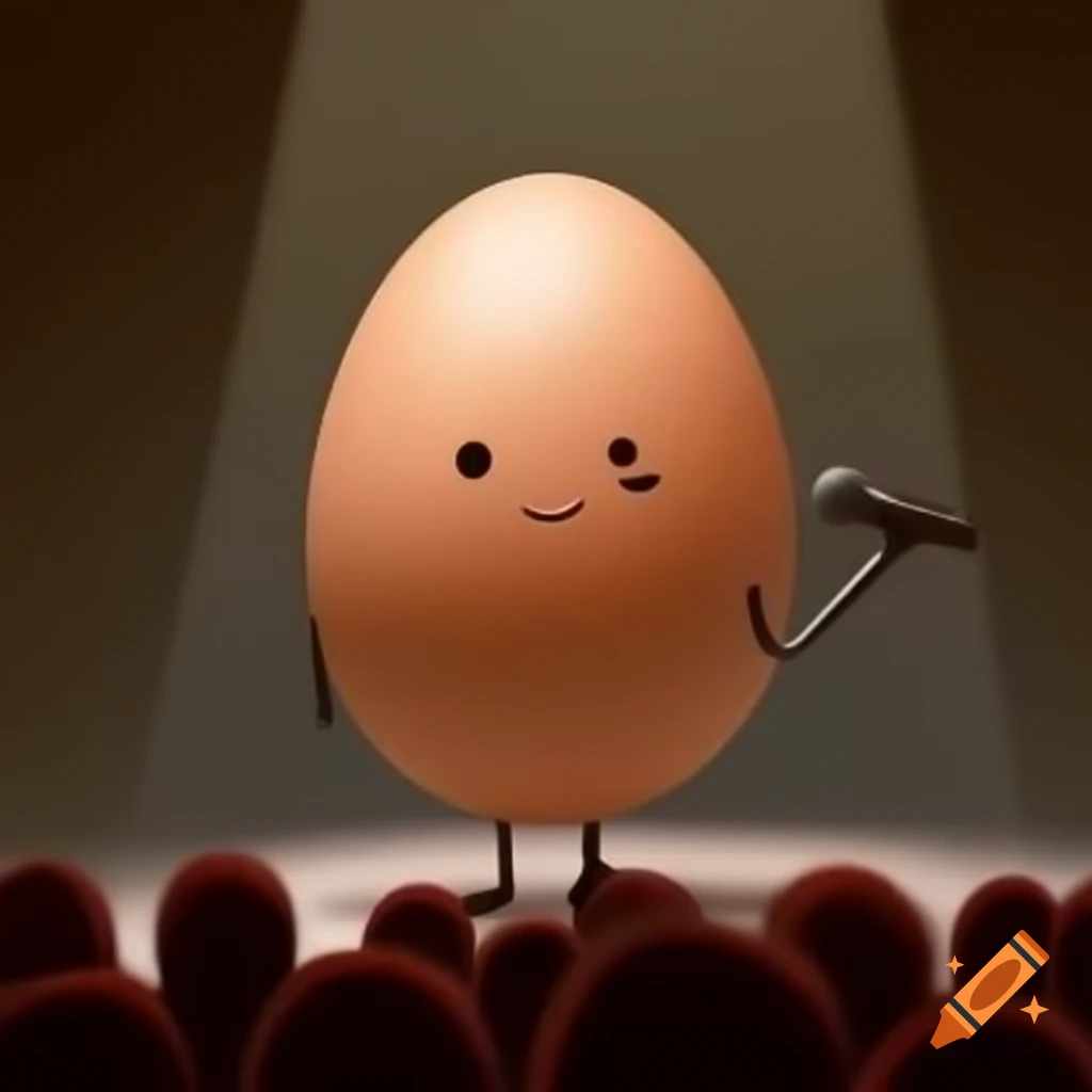 Egg character with microphone in front of audience on Craiyon