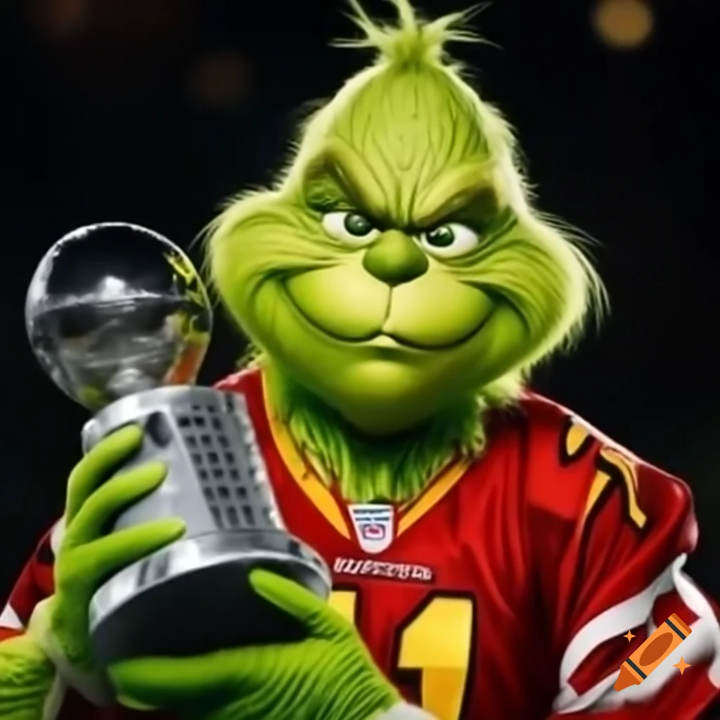 Grinch wearing football jersey stealing trophy on Craiyon