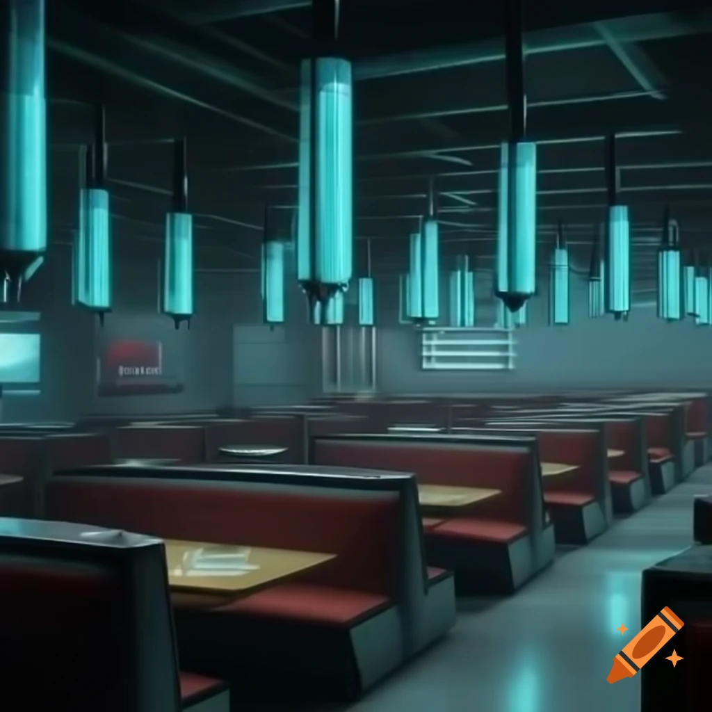 Cyberpunk fast-food scene with aliens dining and food falling from ...