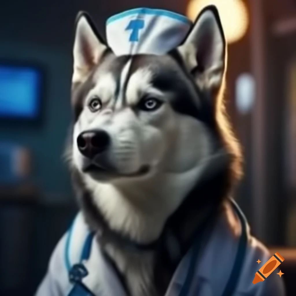 Alaskan husky wearing nurse tech outfit with playful expression on Craiyon