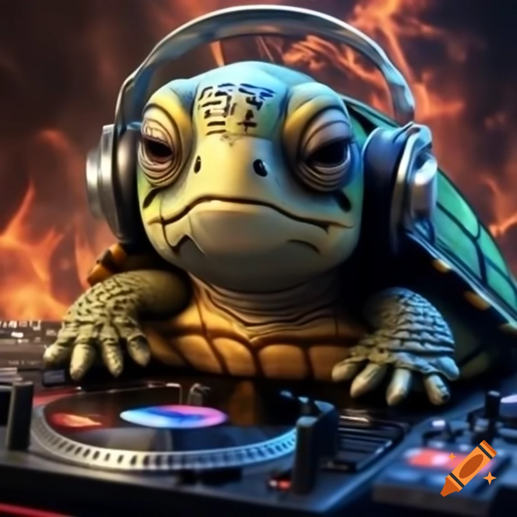 DJ turtle with headphones in a playful design on Craiyon