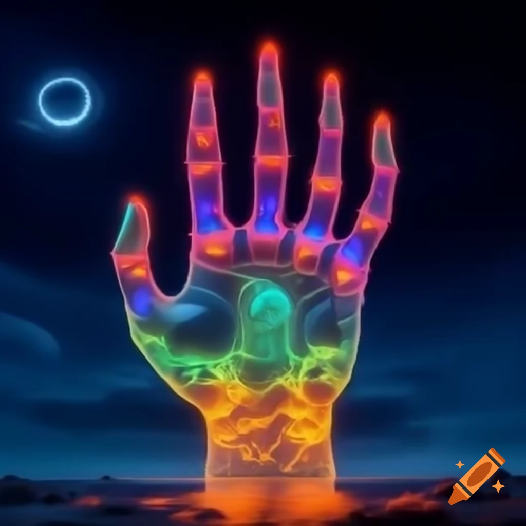 Giant multicolored glowing hand emerging from dark moonlit sky on Craiyon