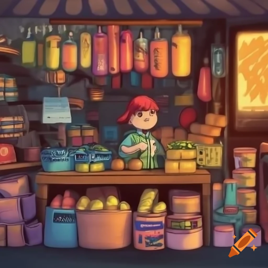 Entrepreneur leading local grocery shop in comic style on Craiyon