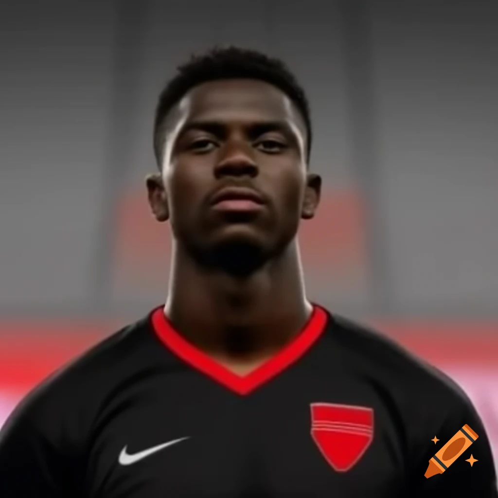 Black soccer player in red kit on Craiyon