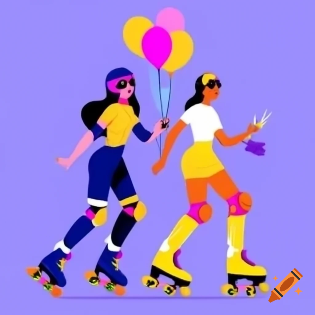 Brunette woman on roller skates with walkman, psychedelic colors, and ...