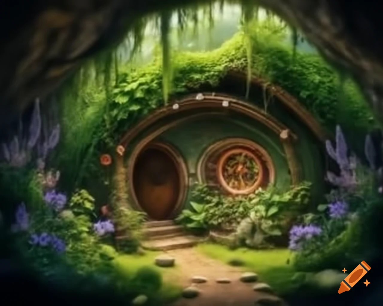 Cozy hobbit house in a lush cave full of vines and vegetation on Craiyon