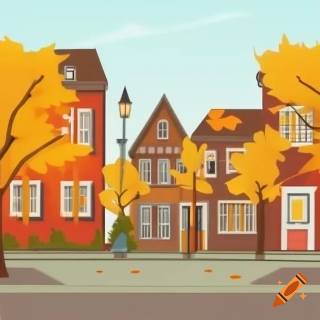 Cozy town houses and street in autumn colors, afternoon scene on Craiyon