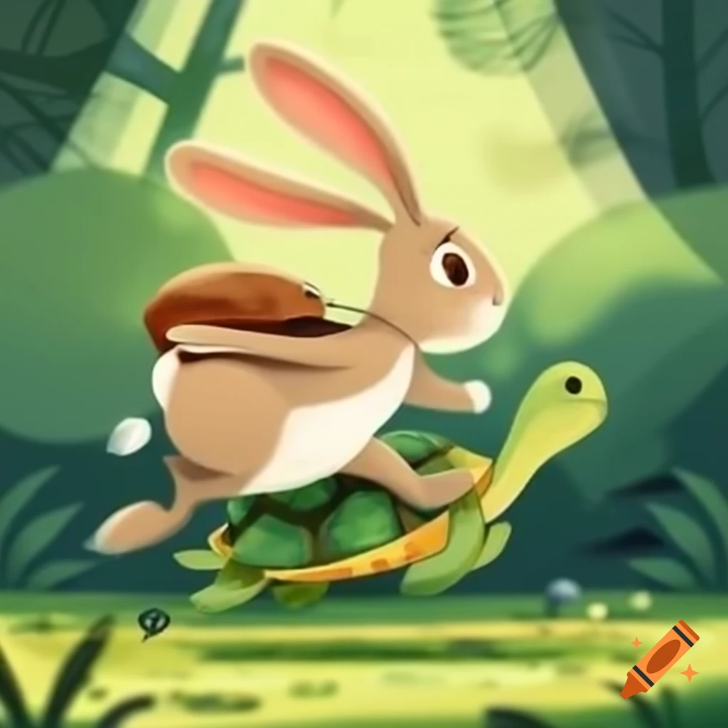 Rabbit running alongside turtle on Craiyon