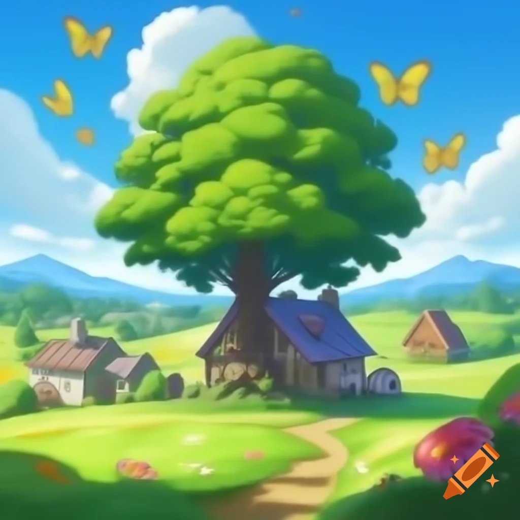 Small village surrounded by trees and hills, featuring a large ...
