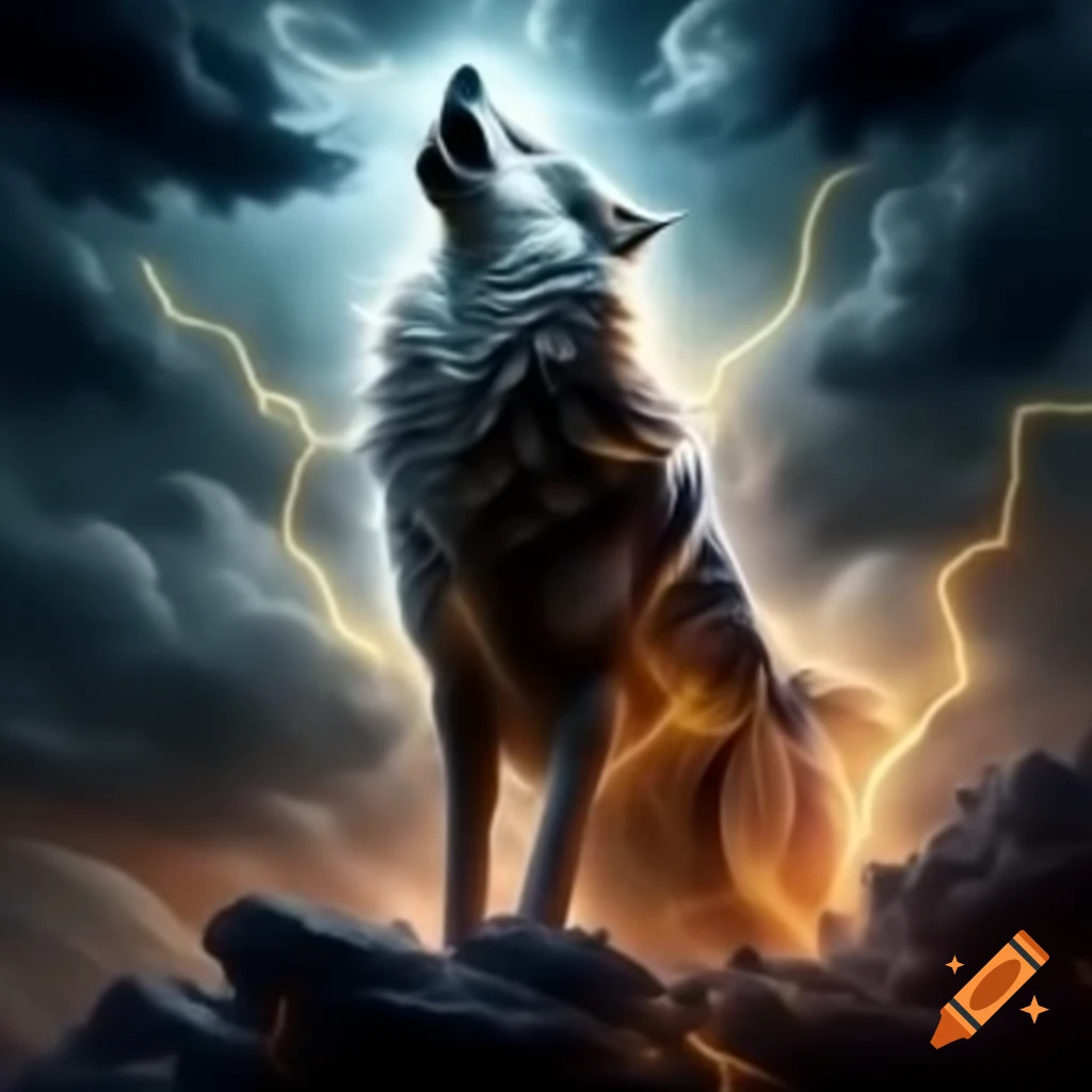 Majestic wolf illuminated by lightning against swirling gray clouds on ...