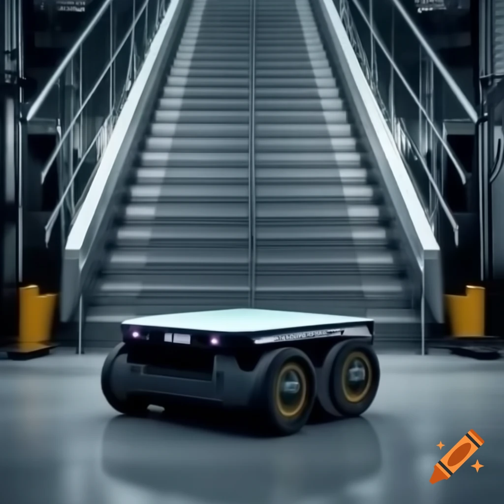 Wheeled robot platform in front of stairs in large factory setting on ...