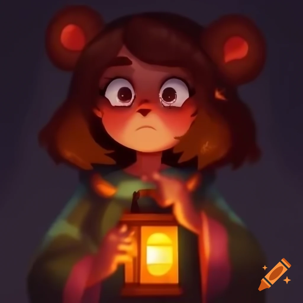 Pixel art portrait of confident girl with bear ears holding lantern in ...