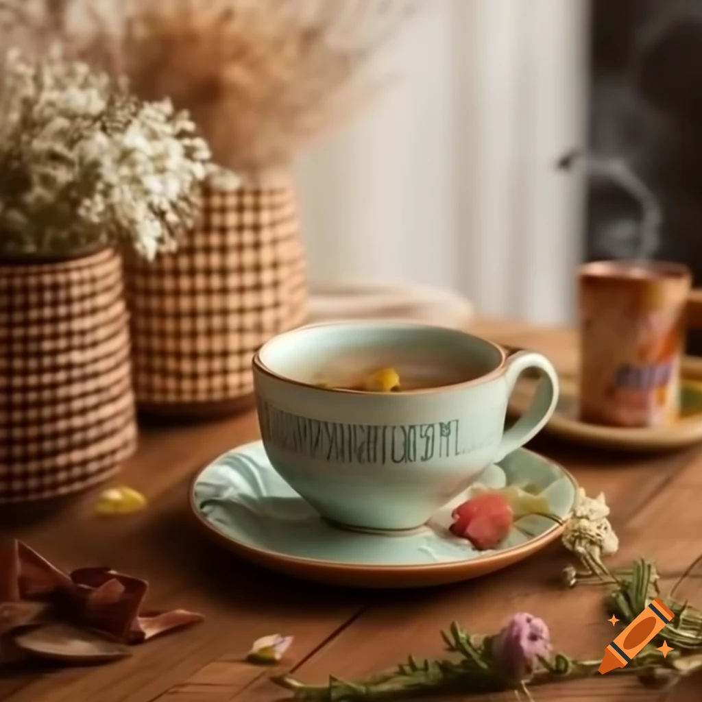 Cozy boho scene with ceramic cup of herbal tea surrounded by herbs and ...